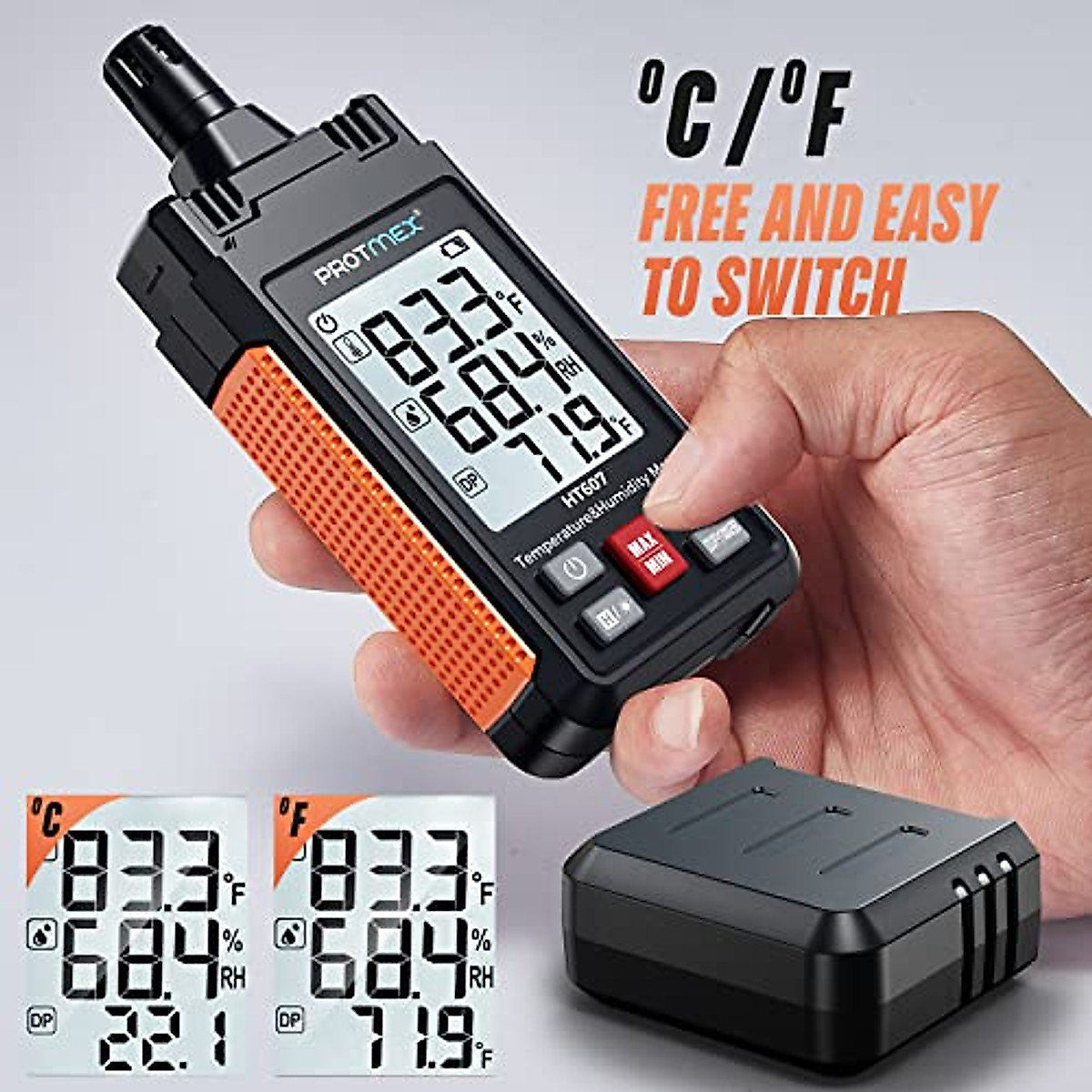 Protmex HT607 Temperature Humidity Meter High Precision Digital Hygrometer with Ambient, Relative Humidity, Dew Point, Wet Bulb Thermometer, Min/Max Hold, LCD Backlight with Cover Protector