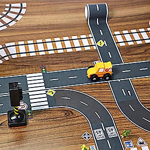 Manzawa Road Tape for Toy Car & Trains,3 Tape Rolls, Bonus 160 Traffic Sign Die Cut Stickers, 4 Road Tight Curves and 4 Trains Tight Curves, Develop Your Kids Imagination and Memory, Play and Learn
