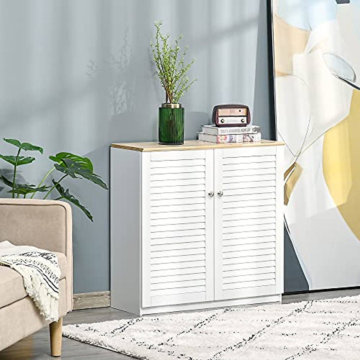 HOMCOM Sideboard Buffet Cabinet, Kitchen Cabinet, Coffee Bar Cabinet with Double Louvered Doors and Adjustable Shelf for Living Room, Hallway, White