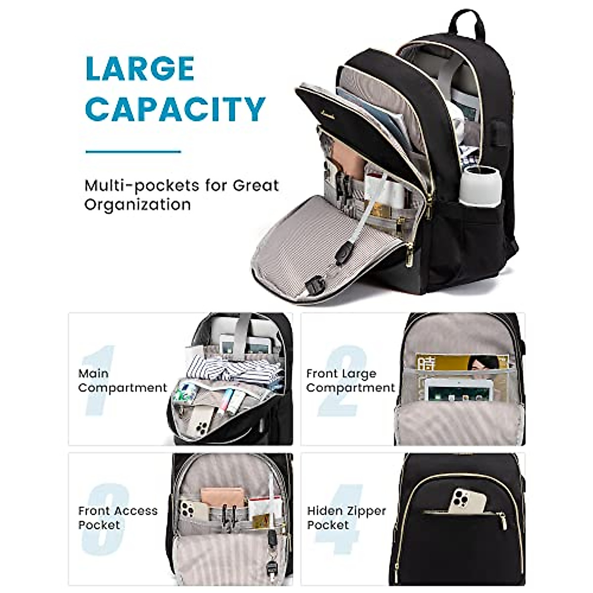 LOVEVOOK Laptop Backpack for Women & Men, 15.6 Inch Anti Theft Travel Backpack with USB Port, Stylish Casual Daypack for College, Large Capacity Teacher Nurse Work Backpack Purse, Black