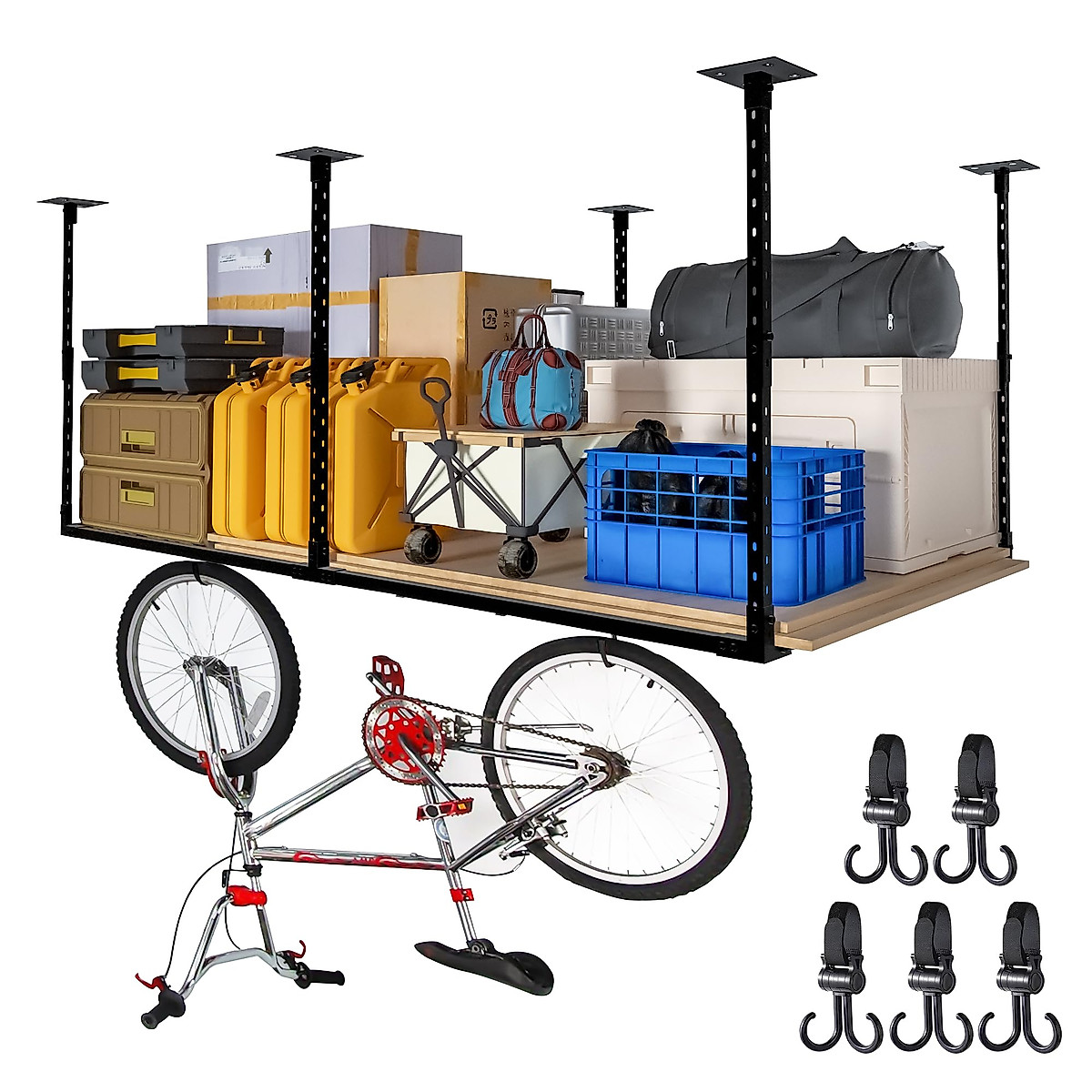 VWZ 4×8' Overhead Garage Storage Rack, Adjustable Garage Ceiling Storage Racks, Heavy Duty Garage Shelving, Garage Hanging Storage Racks with A Load Capacity of up to 1320 Lbs, Black. (Bottomless)