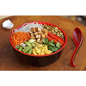 Calvin & Co Set of 4 Melamine Miso Soup Cereal Bowls and Spoons (Red & Black, Large)