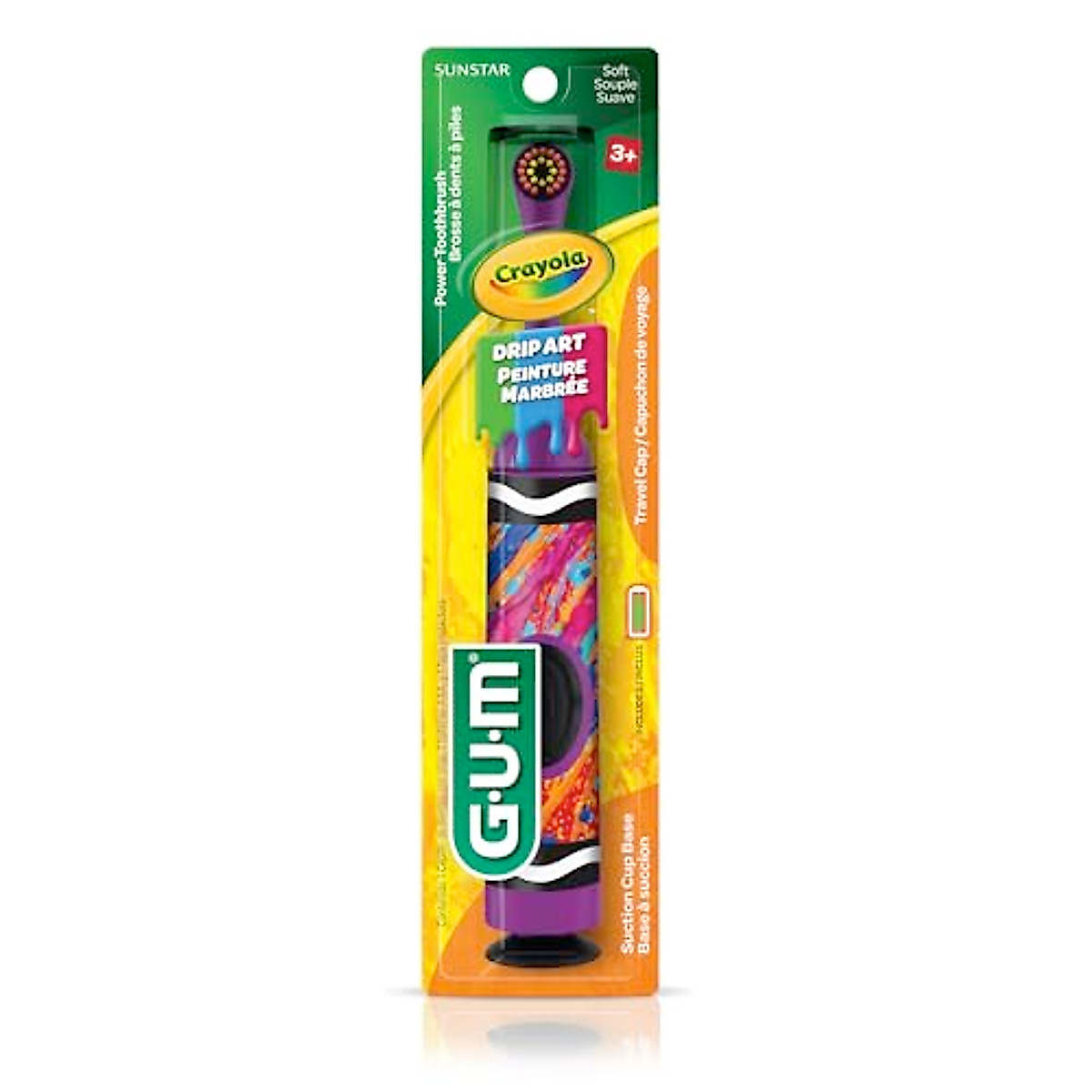 GUM Crayola Power Toothbrush for Kids, Extra Soft Bristled Toddler Toothbrushes, Travel Cap + Suction Cup Base, Batteries Included, 1ct