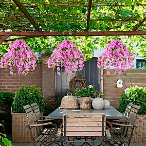 Homsunny Artificial Hanging Flowers Basket,4pcs Peach Blossom Silk Vine Flowers for Outdoor/Indoor,Ivy Basket Artificial Hanging Plant for Patio Lawn Garden Decor (Purple)