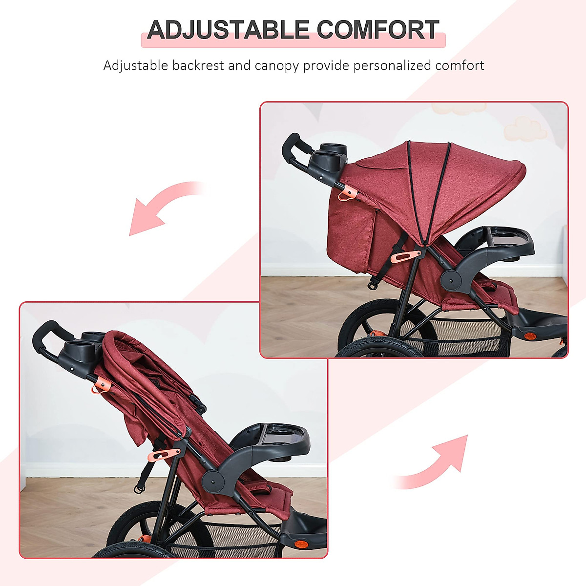 Qaba Baby Stroller Foldable Carriage for Toddler with Adjustable Backrest and Canopy Suspension System Rubber Tire 5-Point Harness Cup Holder Storage Basket Red