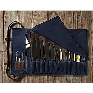 Asaya Waxed Canvas Knife Roll - 15 Knife Slots, Card Holder and Large Zippered Pocket - Genuine Leather, Cloth and Brass Buckles - for Chefs and Culinary Students - Knives Not Included