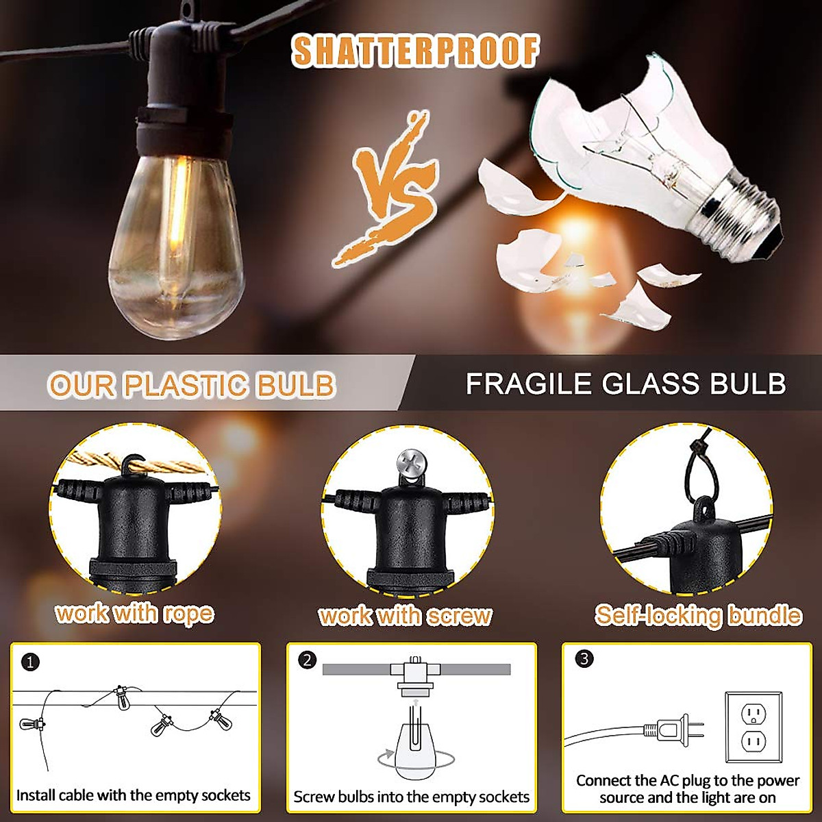 Outdoor String Lights Patio Hanging Light with LED Dimmable Light Bulbs Garden Deck Backyard Waterproof Shatterproof 50FT