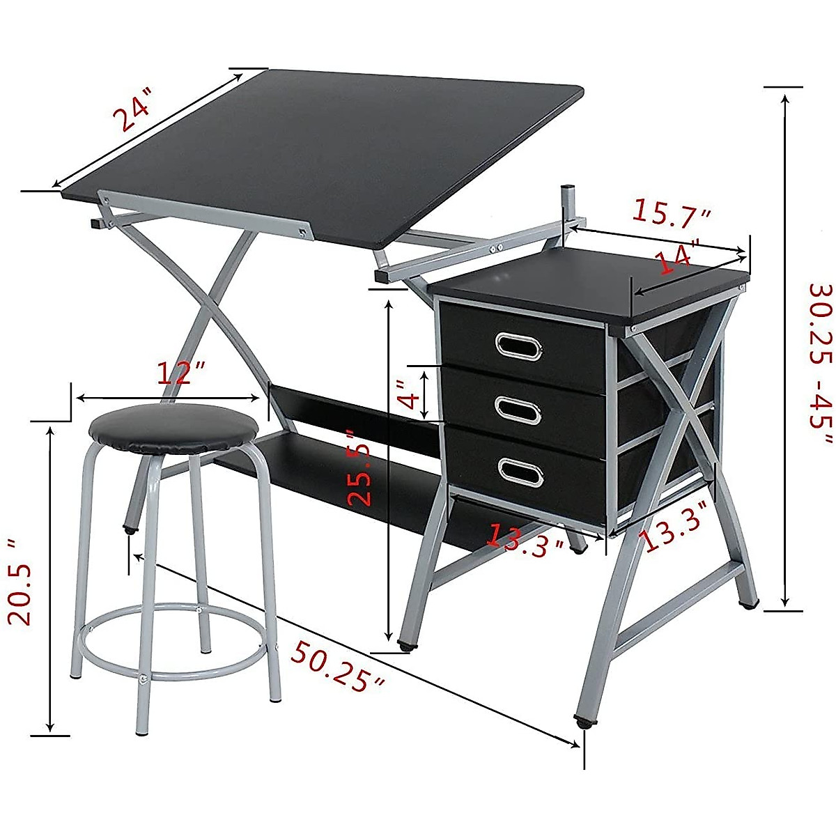 JupiterForce Drafting Table with Tiltable Tabletop and Stool, 3 Storage Drawers, Art Desks for Adults, Painters, Work Station, Home Office, Black