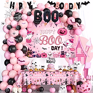 135 PCs Happy Boo Day Party Decorations, Fiesec Halloween Themed Pink and Black Birthday Party Decorations Backdrop Balloon Garland Spider Web Banner Tablecloth Cake Topper Little Ghost