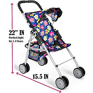fash n kolor® - Doll Stroller My First Baby Doll Strollers Toy - Flower Design with Basket in The Bottom- Doll Accessories 2 Free Magic Bottles Included - New Year Gift, Boys, Girls