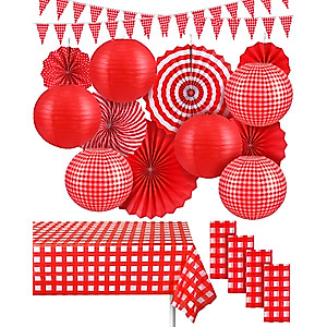 18 Pcs Picnic Party Decorations Set Include Red and White Checkered Gingham Pennant Banner Hanging Paper Fans Round Lanterns Plastic Disposable Tablecloth for Carnival Picnic Birthday Party Supplies