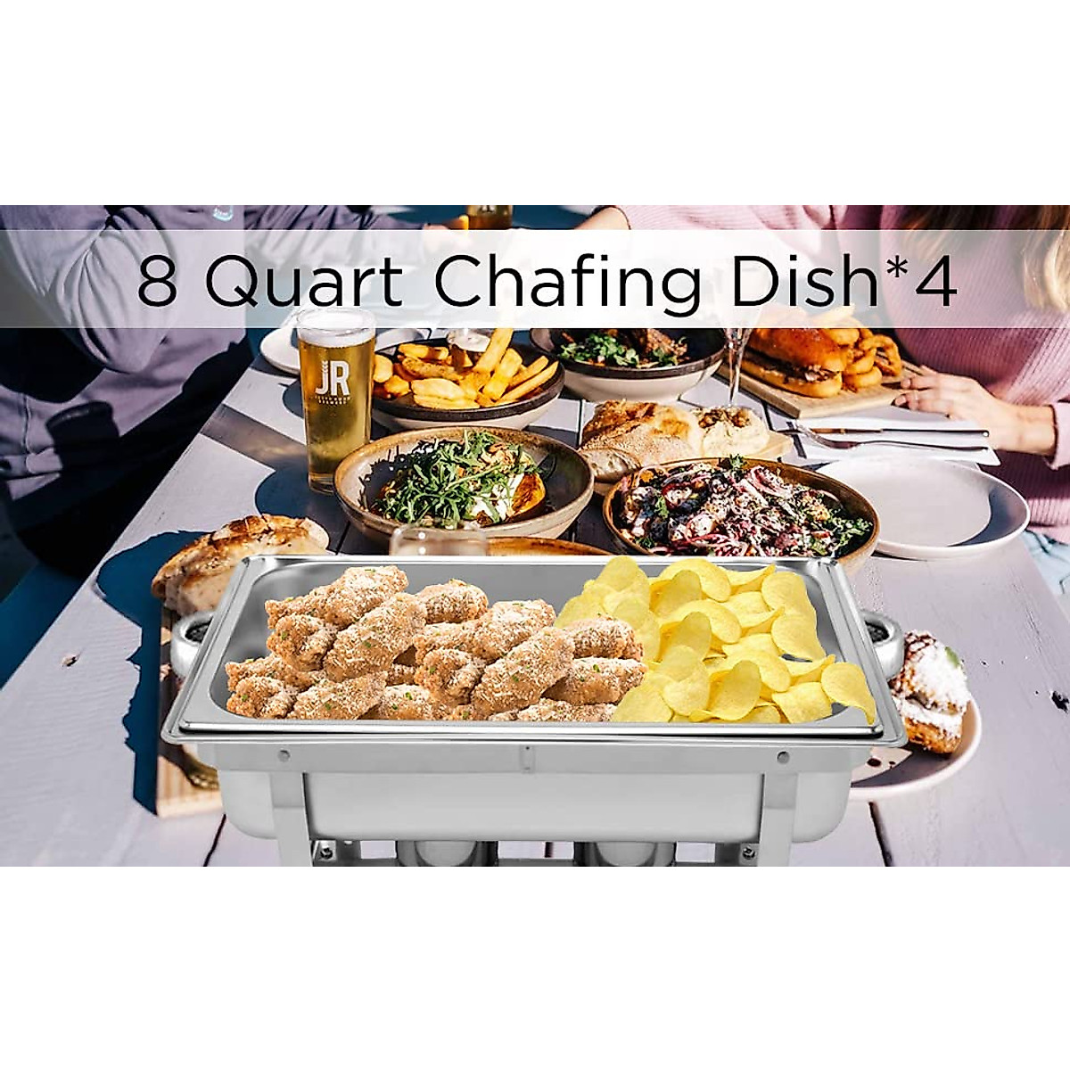 Kweetle Pack of 4 Chafing Dish 8 Quart Stainless Steel Foldable Rectangular Chafer Full Size Food Pan Fuel Holder and Lid Food Warmers for Pary Banquet Buffets
