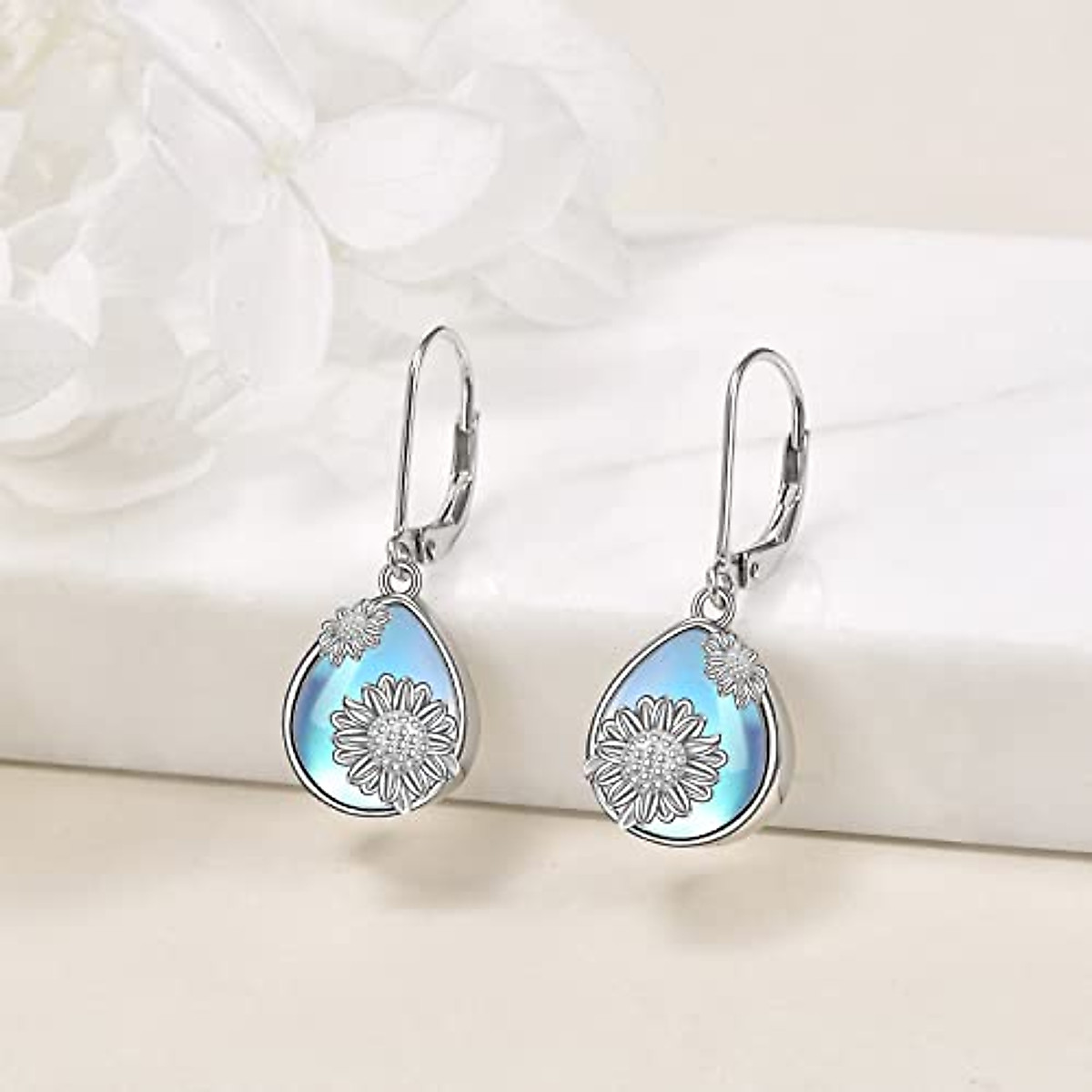 DAYLINLOVE Sunflower Earrings 925 Sterling Silver Moonstone Sunflower Dangle Drop Earring for Women