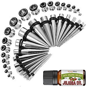 BodyJ4You 37PC Ear Stretching Kit - 14G-00G Beginner Gauges - Aftercare Jojoba Oil - Surgical Steel Tapers Single Flare Plugs Tunnels - Stretchers Expanders Eyelets