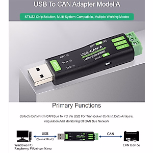 waveshare USB to CAN Adapter Model A STM32 Chip Solution, CAN Baud Rate 5kbps~1Mbps is Configurable, Support Windows XP/7/8/10/11 and Linux Systems, Multiple Working Modes