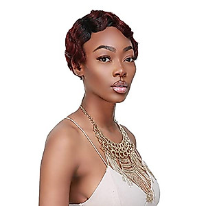 INSTANT FAB Finger Wave Human Hair Wigs for Black Women Short Curly Remi Human Hair Wig Pixie Cut Wigs Nuna Wigs Non Lace Front Wigs (OT1B/99J)