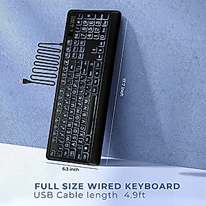 KOPJIPPOM Large Print Backlit Keyboard, Quiet USB Wired Computer Keyboard, Full Size Keyboard with White Illuminated LED Compatible for Windows Desktop, Laptop, PC, Gaming, Black