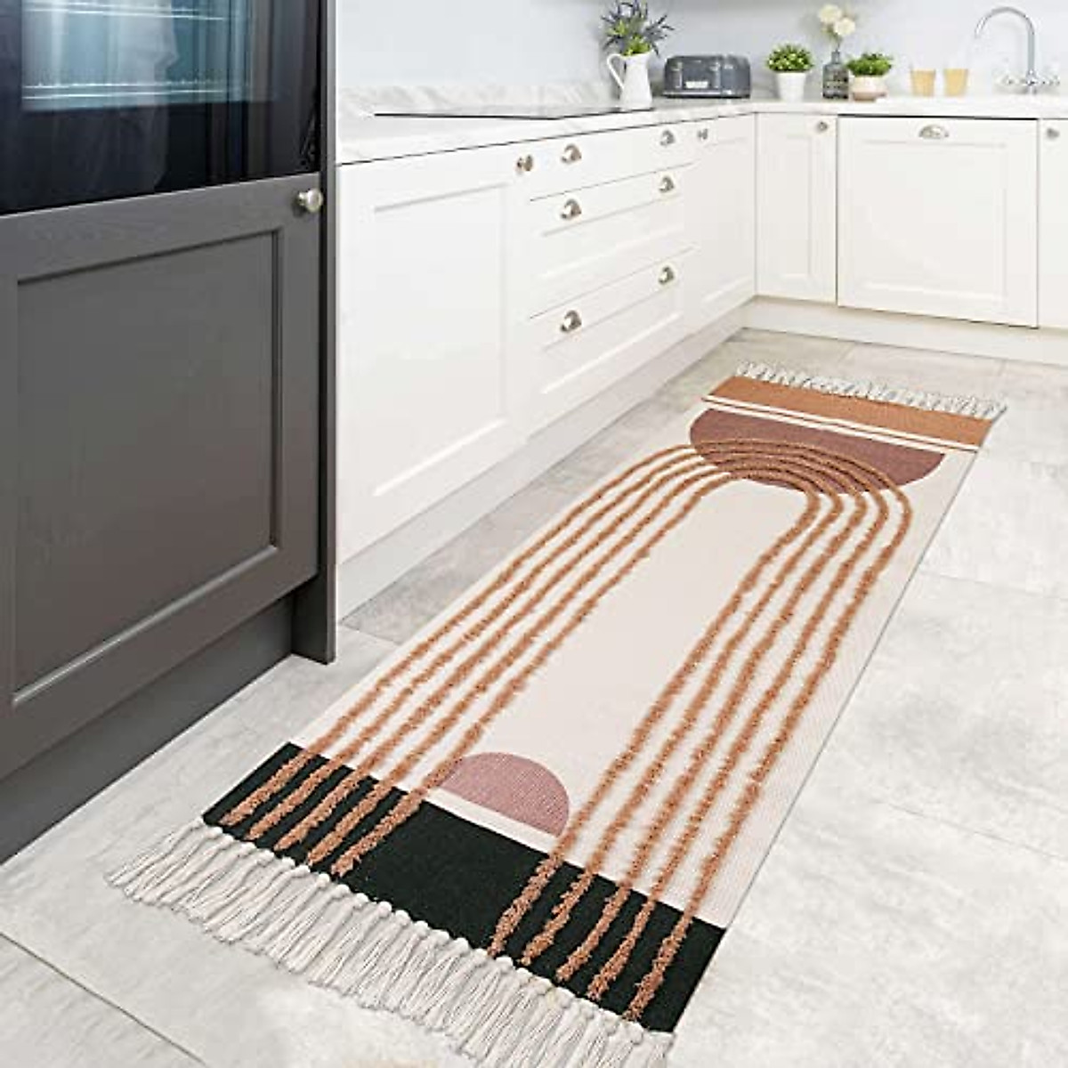 Ailsan Washable Kitchen Runner 2'x5', Cotton Handmade Runner Rugs with Tufted Design, Rainbow Boho Bathroom Rug Runner for Laundry Room Nursery Room Hallway Entrance