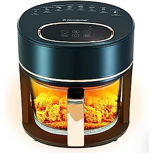 Transonic Glass Basket Air Fryer Oven, 4 Quart Non Toxic Non Stick Easy Cleaning Borosilicate Glass Basket, 8 Cooking Presets, Touch Digital Controls