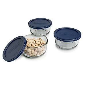 Anchor Hocking Round Glass Food Storage Containers with Blue SnugFit Lids, (BPA free, glass tempered tough for oven, microwave, fridge, and freezer), Clear Glass, Blue Lids, 2 Cup (Set of 3)