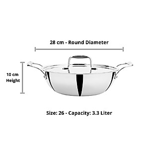 Vinod Titanium Triply Stainless Steel Indian Kadhai with Lid, 26 cm Diameter, 3.30 Ltr Capacity, Induction & Gas Stove Compatible, Heat Resistant Handles, Ideal for Frying and Sauteing, Pack of 1