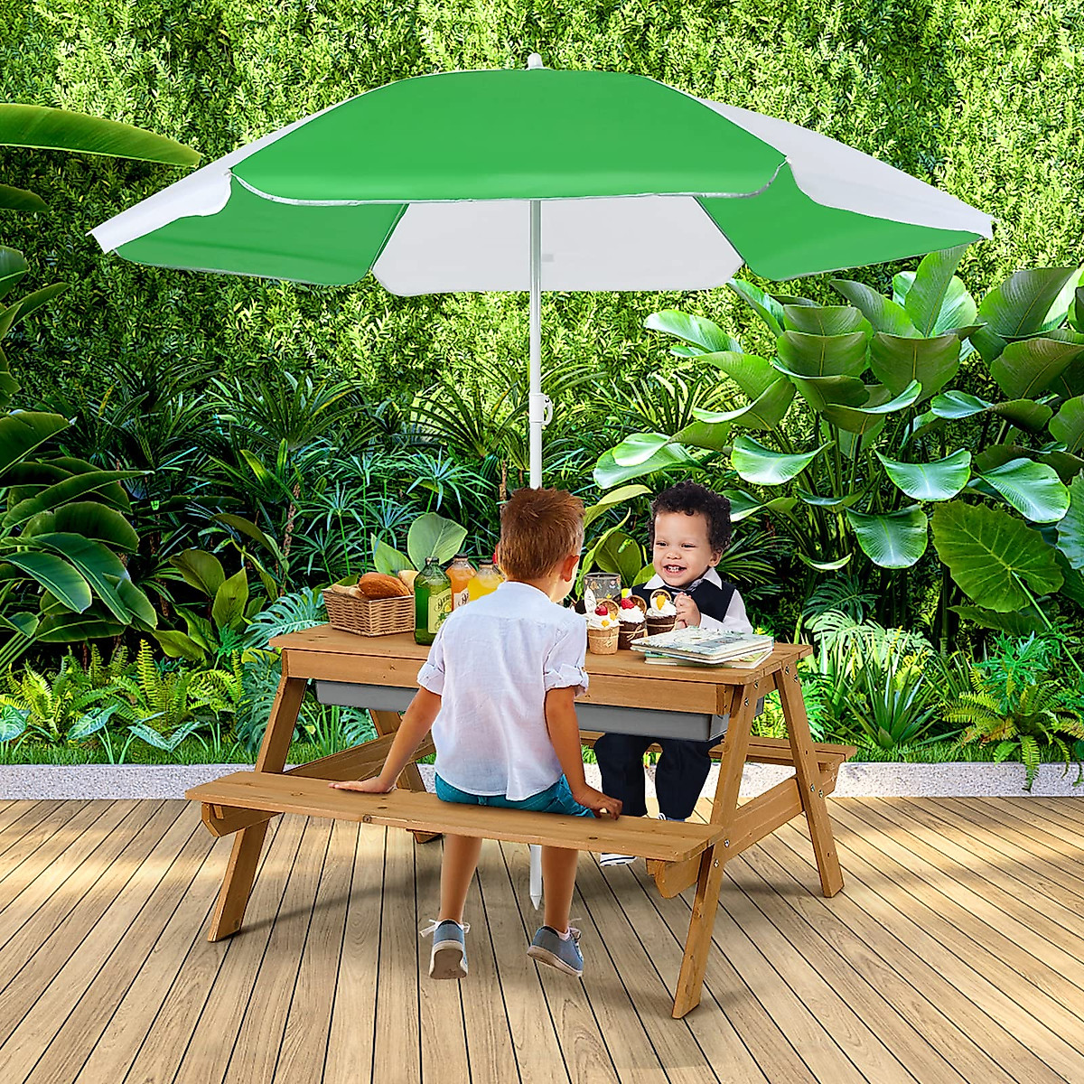 Costzon Kids Picnic Table, 3 in 1 Sand & Water Table w/Height Adjustable Umbrella, Removable Tabletop, Children Outdoor Toy Playset w/2 Play Boxes, Wooden Convertible Activity Play Table
