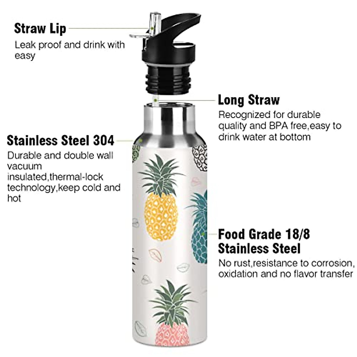 xigua Pineapple Water Bottle with Straw Lid Vacuum Insulated Stainless Steel Thermo Flask for Sports Cycling Hiking School Home,20 oz.