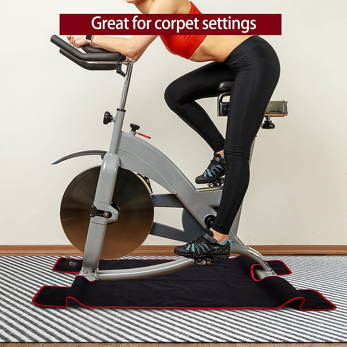 Exercise Bike Sweat Towel Mat, Super Absorbent Spin Bike Sweat Guard, Anti Slip & Machine Washable Mat Compatible with Peloton Bike, Peloton Accessories Black/Red