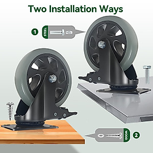 5 Inch Caster Wheels, Casters Set of 4 Heavy Duty, BZOLIHEU Locking Casters, Silent Top Plate Swivel Casters with Brake, Grey Polyurethane Castor Wheels for Furniture and Workbench Cart