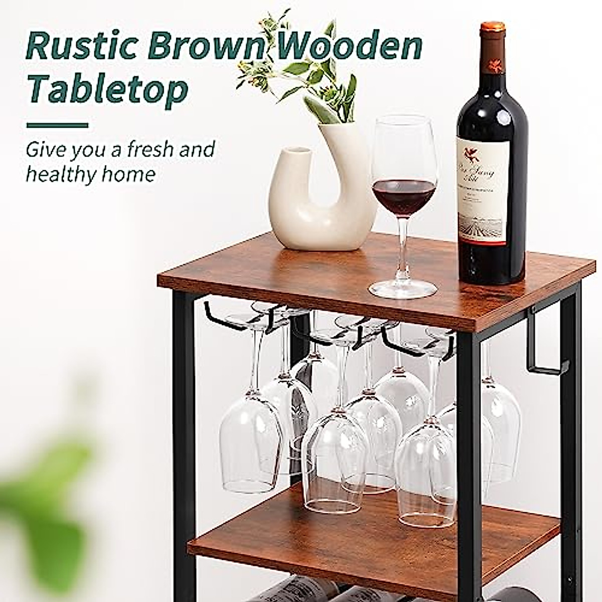 Yoobure Wine Rack Freestanding Floor with Glass Holder Wine Racks for Floor 12 Bottles Wine Bar Rack, Wine Holder Stand with Wood Tabletop 3-Tier Wine Table with Rack for Home Bar Kitchen Living Room