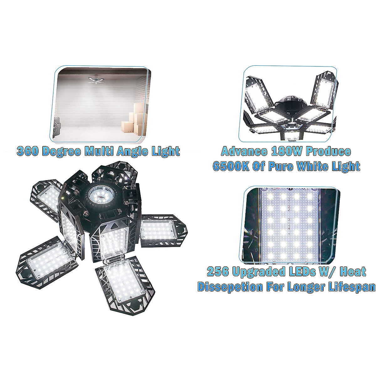 10 LED Leaf Deformable Panel Ceiling Light - 256 LEDs Ultra Bright Adjustable Garage, Workshop, Basement Light - Screws Into Existing Light Bulb Sockets E26/E27 - 150W Pure White 6500K - 10000 Lumens