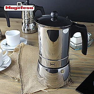 MAGEFESA ® Genova Stovetop Espresso Coffee Maker, 6 cups / 10 oz, made of 18/10 Stainless Steel, make your own ome Italian coffee, cuban coffee, with this moka pot, safe and easy to use, café