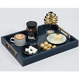 Serving Tray with Polished Metal Handles, 16.5''x12'' Rectangle Coffee Table Tray, Modern Decorative Tray, Large Ottoman Tray, Perfect for Storage and Display (Blue)