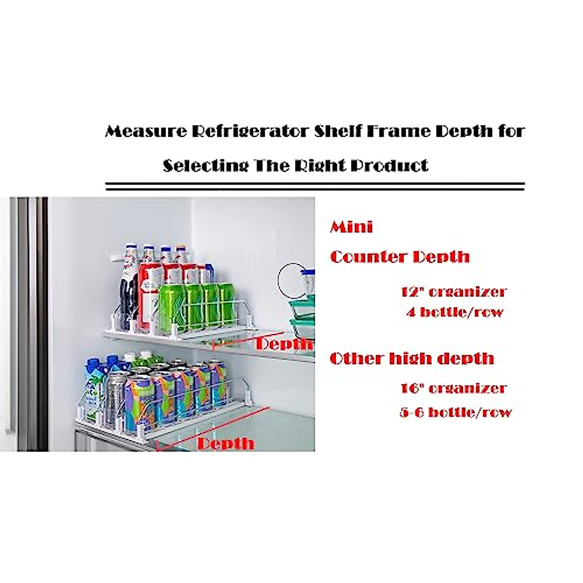 Drink Organizer for Fridge, Self-Pushing Soda Can Organizer for Counter Refrigerator, Width Adjustable Pusher Glide, White, 12”depth-3rows