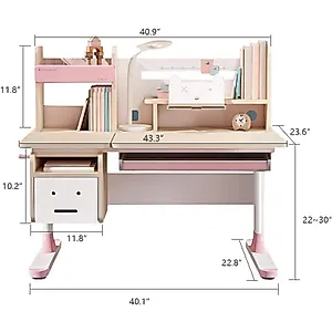 FCD Wood Adjustable Height Kids Study Desk with Chair, Reading Homework Drawing Table Computer Station Built-in Bookshelf Hutch, Tablet Holder, Tiltable Desktop and Storage Drawer (Pink, Wood of Fir)