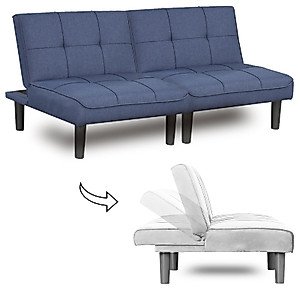 KAIRUITUCH 3-in-1 Convertible Futon Sofa Bed Twin, Loveseat Futon Couch Daybed with Folding Adjustable Backless, 2 Piece Small Futon Couch Chairs for Living Room, Apartment, Blue Fabric 306BL1-2PCS