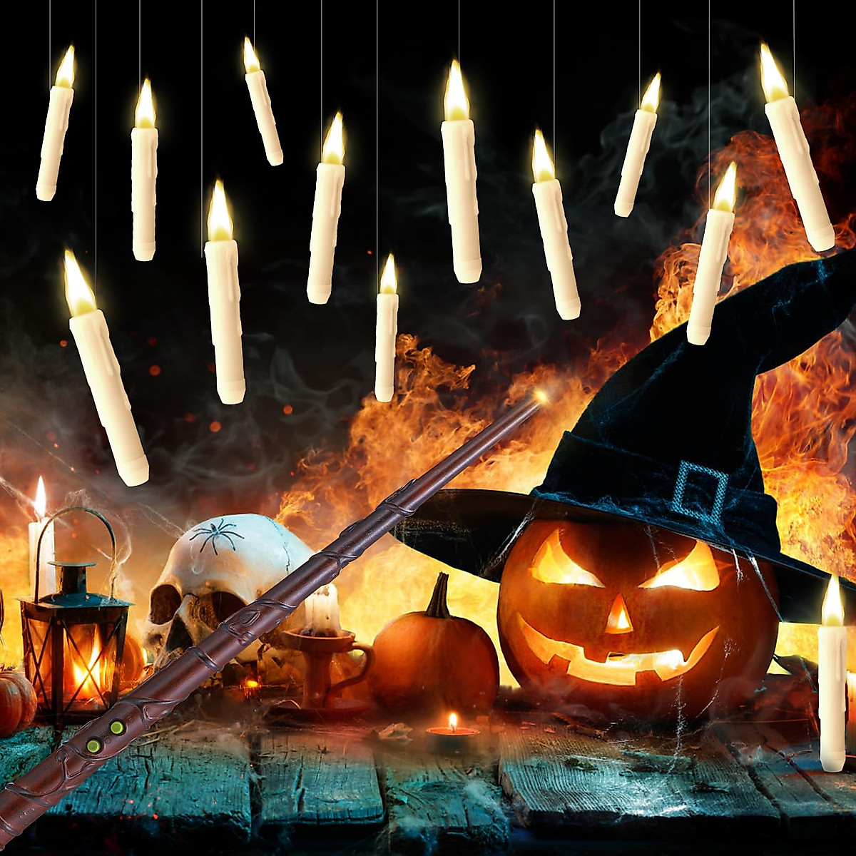 ACETOP Flameless Floating Candles with Wand Remote 12Pcs LED Magic Hanging Window Taper Warm Light Flickering Battery Operated Electric Candlestick for Halloween Christmas Harry Room Decor Poter Party