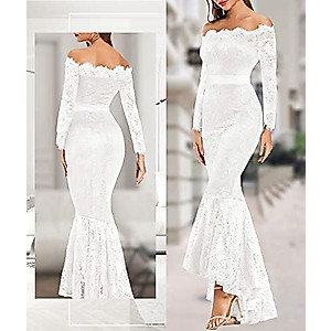 LALAGEN Women's Floral Lace Long Sleeve Off Shoulder Wedding Mermaid Dress White XL