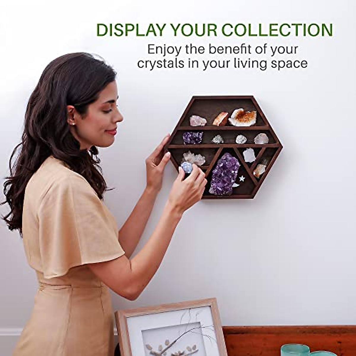 ENSO SENSORY Tsuki Crystal & Rock Display Shelf - Hexagon Floating Wall Shelves with Cresent Moon Design for Rocks, Crystals, Oils, Stones, Plants - Honeycomb Geometric Shape Home Decor