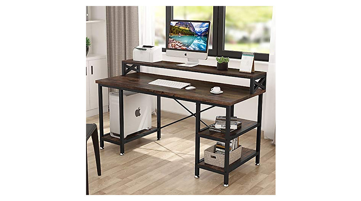Tribesigns 63 Inch Computer Desk with Storage – Rustic Brown Office ...