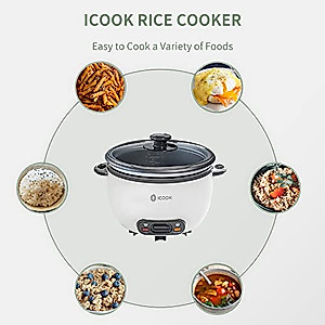 ICOOK 3-Cup Uncooked 6-Cup Cooked Rice Cooker 0.6L Grains,Oatmeal,Cereals Cooker,Rice Warmer Steamer,Small Mini Rice Cooker,Removable Nonstick Pot,Full View Glass Lid,White