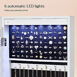 SONGMICS 6 LEDs Mirror Jewelry Cabinet, 47.2-Inch Tall Lockable Wall or Door Mounted Jewelry Armoire Organizer with Mirror, 2 Drawers, White UJJC93W