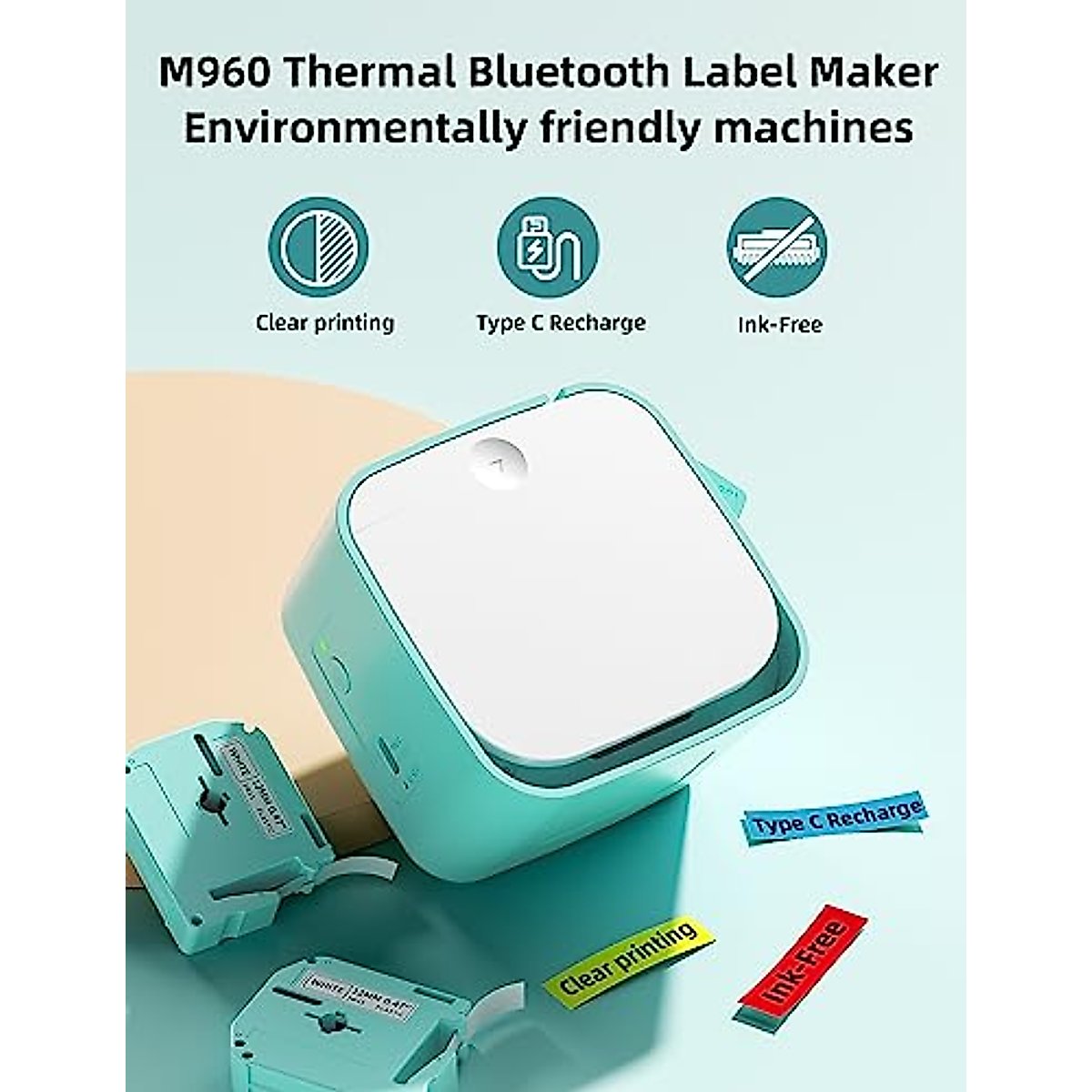 Vixic Label Maker with Tape, M960 Bluetooth Label Maker Machine, Small Mini Portable Label Makers Multiple Templates Font Icon for Home School Office Organization, Inkless Rechargeable,Green