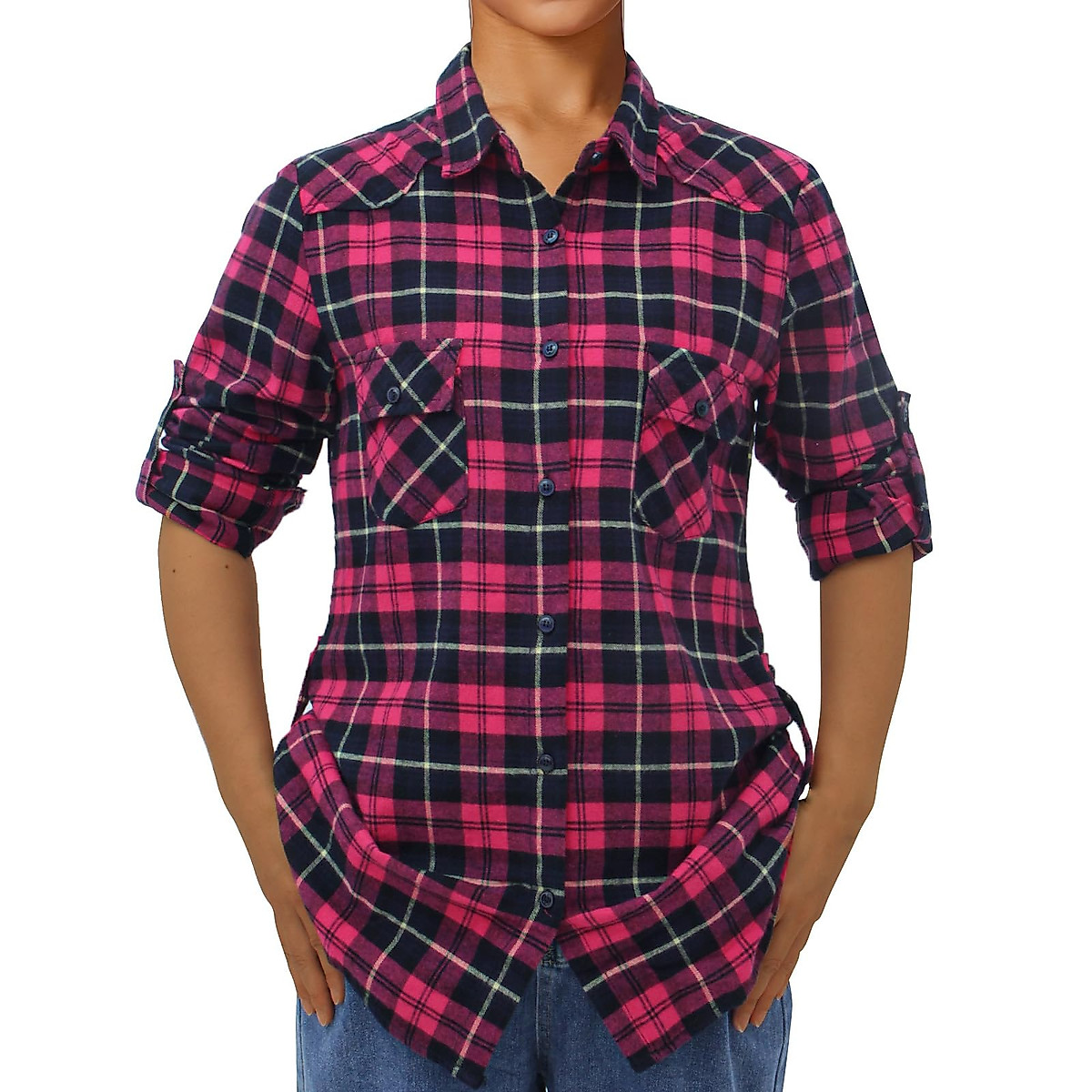 Match Womens Button Down Flannel Plaid Shirts roll up Long Sleeve Shackets Business Blouse Top (Small, Checks#8)