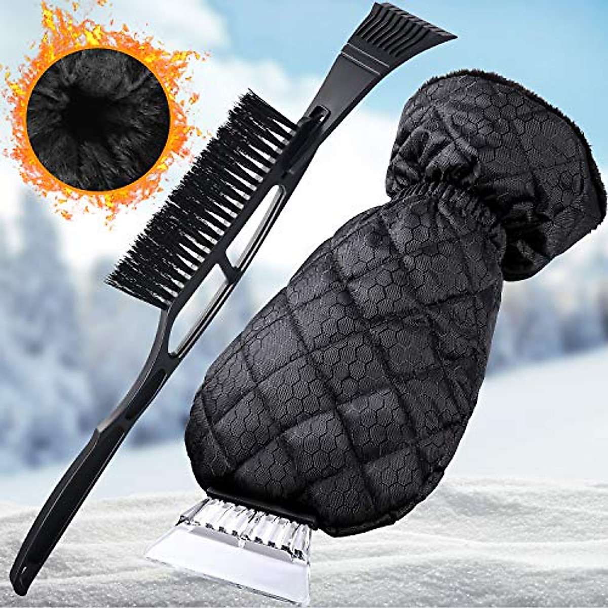 Frienda 2 Pieces Ice Scraper Mitt Snow Waterproof Remover and Black Snow Brush with Windshield Ice Snow Frost Scrapers for Car Roof Bumpers Windshield