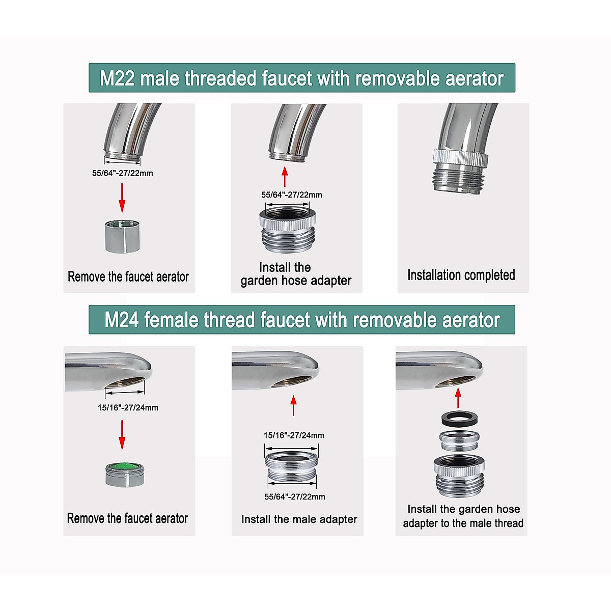 walkinginrain Faucet Adapter with Aerator, Sink Faucet to Garden Hose Adapter, Faucet Adapter to Garden Hose for Kitchen and Bathroom, 3/4" GHT Thread Chrome