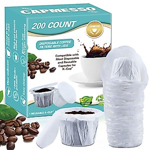 CAPMESSO Disposable Coffee Filters with Lid Kerig Paper Filter for Reusable Single Serve Pods Compatible with Keurg 2.0 & 1.0 Coffee Maker (White, 200)