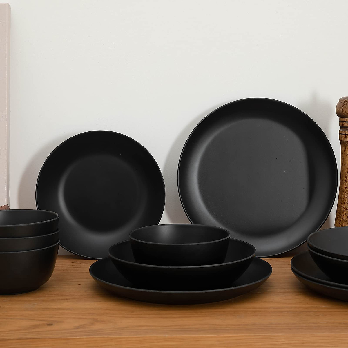 LEHAHA Bamboo Fiber Melamine Dinnerware Sets, Black Kitchen Plates and Bowls Sets, Unbreakable Dishes Set for 4, Eco-friendly Lightweight 12 Piece Dinnerware Sets for Parties & Camping