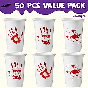 JOYIN 50 PCS Halloween Blood Print Cups Disposable, 12oz Hand Print Plastic Cups bulk, Party Favors for Party Supplies, Halloween Cups for Kids Party Decoration, Coffee, Juice Beverages Drinkware