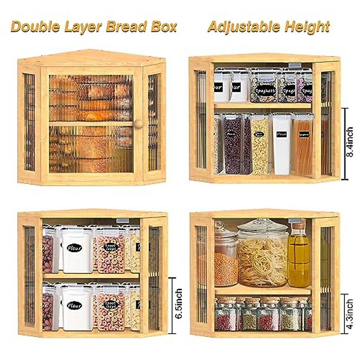 RYLTKISS Corner Bread Box–Extra Large Bread Box for Bread Storage-Durable Bamboo Wood Bread Box for Kitchen Countertop-Double Bread Container with Adjustable Height, Modern Bread Box Easy To Assemble